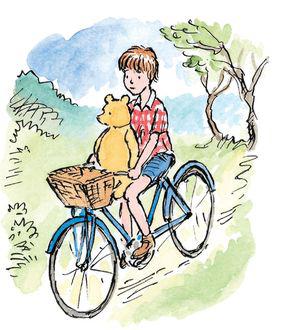 Christopher Robin was riding his bicycle, and Pooh was perched on the ...
